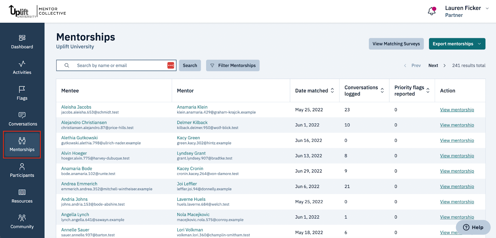 Partner Dashboard: Mentorships Page – Mentor Collective