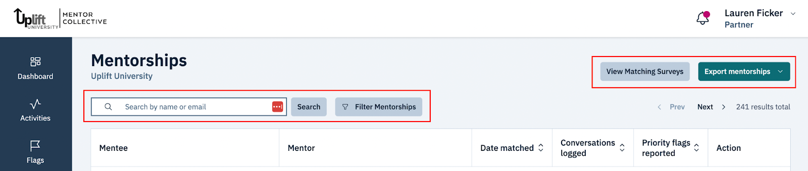 Partner Dashboard: Mentorships Page – Mentor Collective